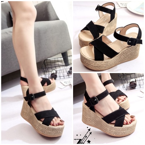 Jual SHWK13-black Sepatu Wedges Cantik 8CM - GrosirImpor.com